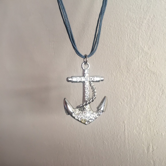Jewelry | Rhinestone Anchor Necklace With Thin Blue Rope | Poshmark